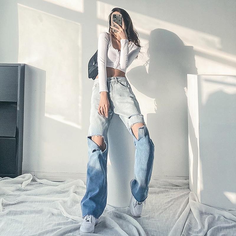 RIPPED GRADIENT STRAIGHT JEANS