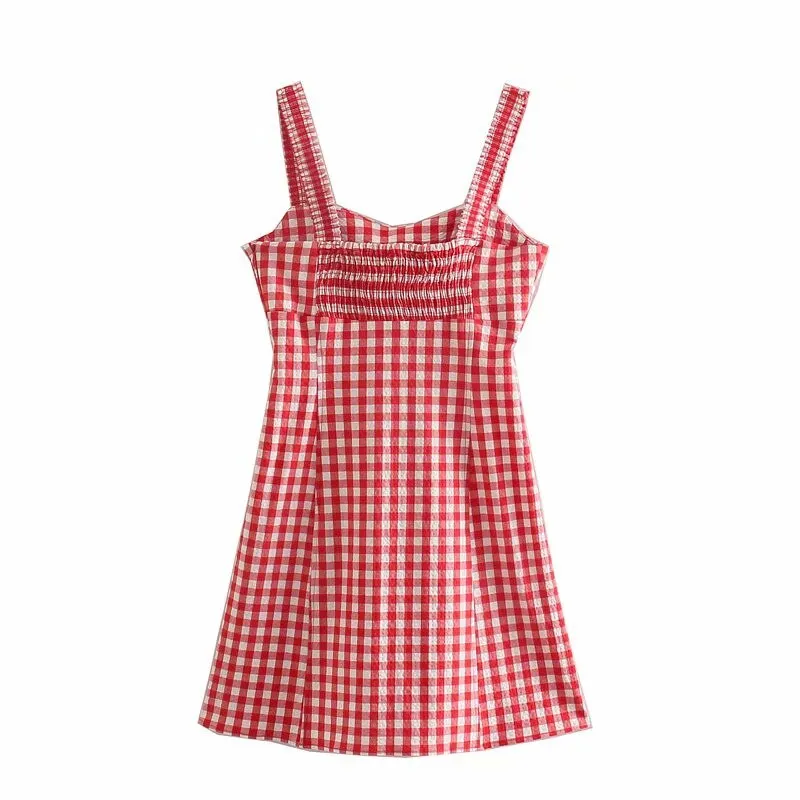 ZA 2021 Plaid Summer Red Straps Dress Women Sleeveless Smocked Gingham ...