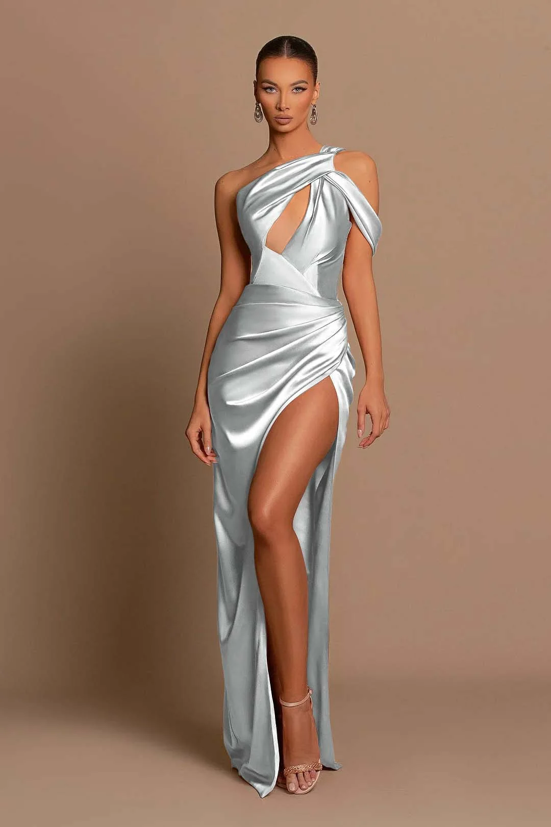 Chic Lotus Root Pink Sleeveless Strapless Evening Dress with Pleated Slit