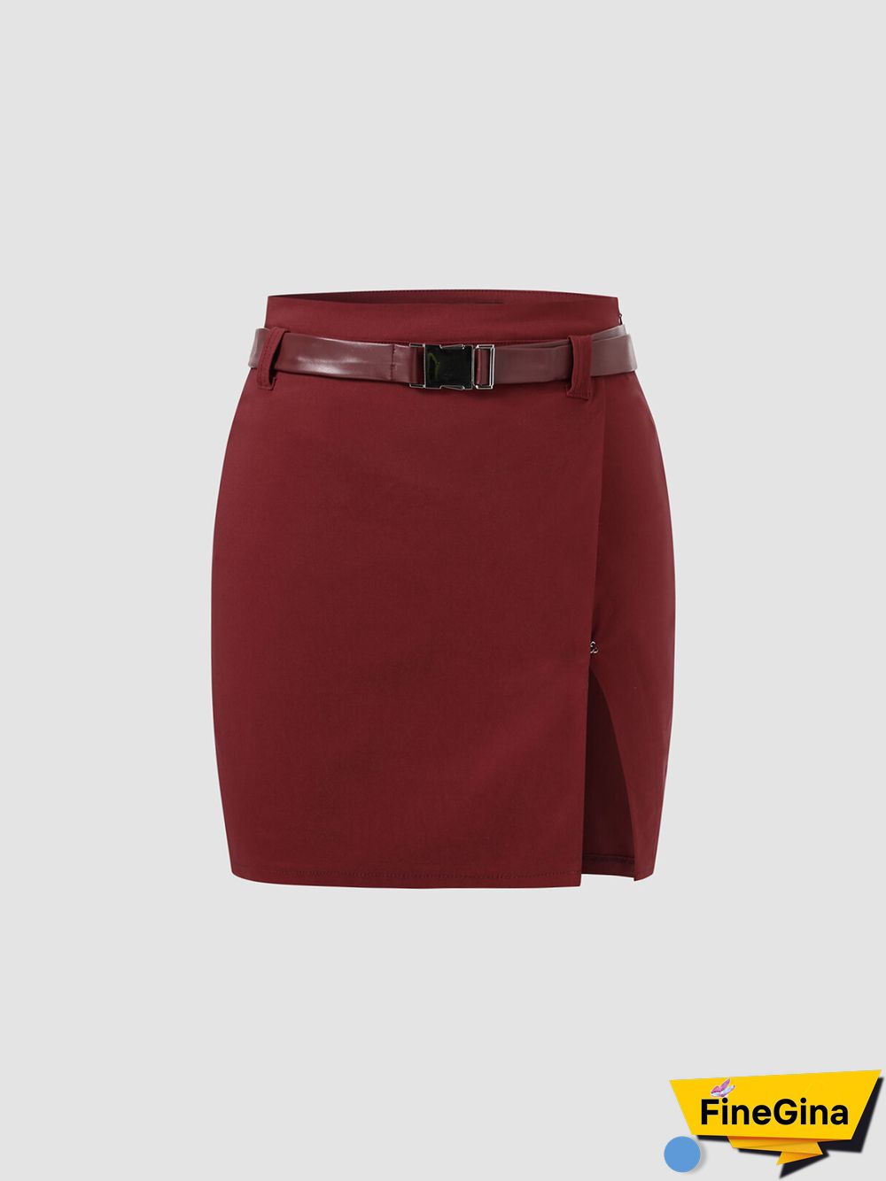 FineGina Solid Belt Slit Mini Invisible Zip Skirt