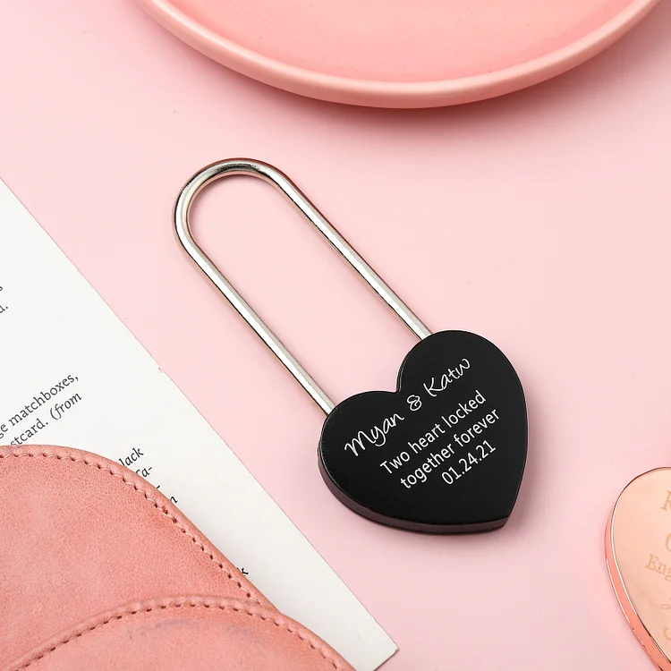 Heart Love Lock with Key Custom Names and Date Black Padlock Couple Gift
