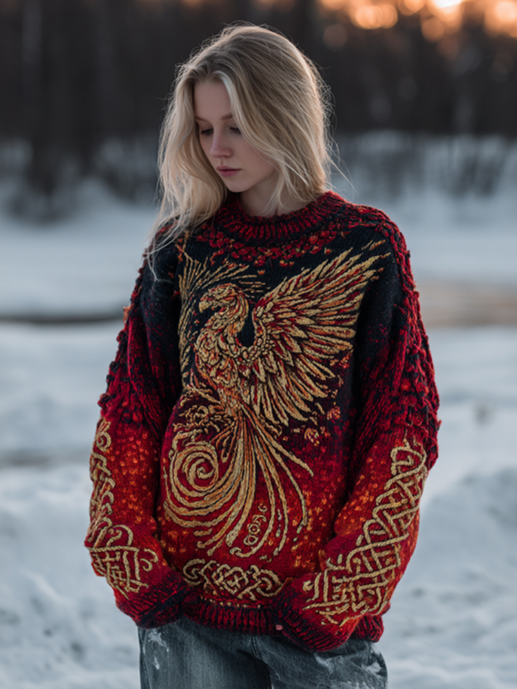 Dravoks Women's Mythical Phoenix Embroidered Celtic Knot Ombre Sweater