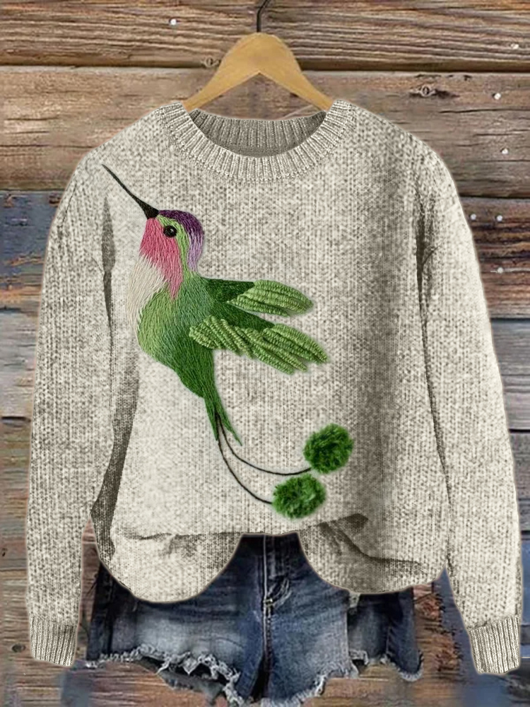 Hummingbird Embroidery Art Cozy Knit Sweater