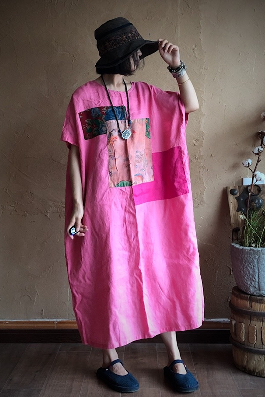 Plus Size-Linen Loose Dress Robe with Vintage Patch