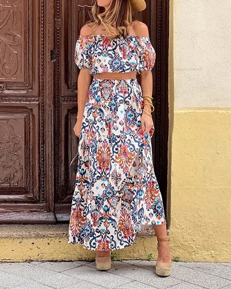 One-shoulder print two-piece set