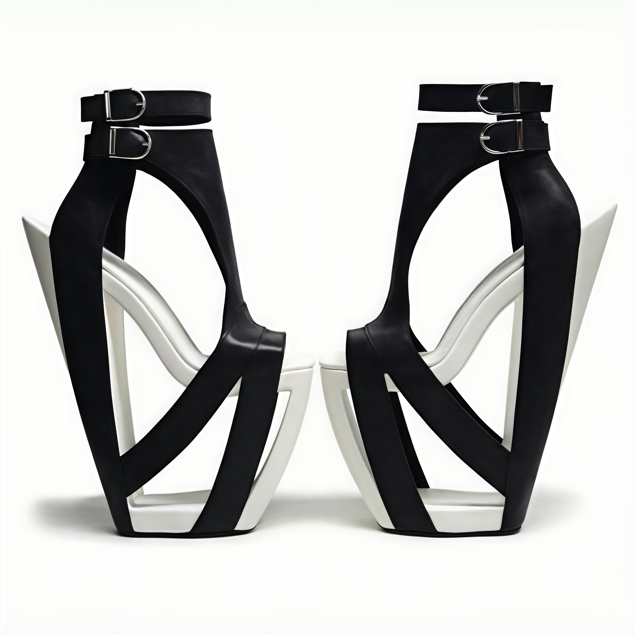 Jacko Hollow Out Wedge Heels Ankle Strap Sandals - White & Black