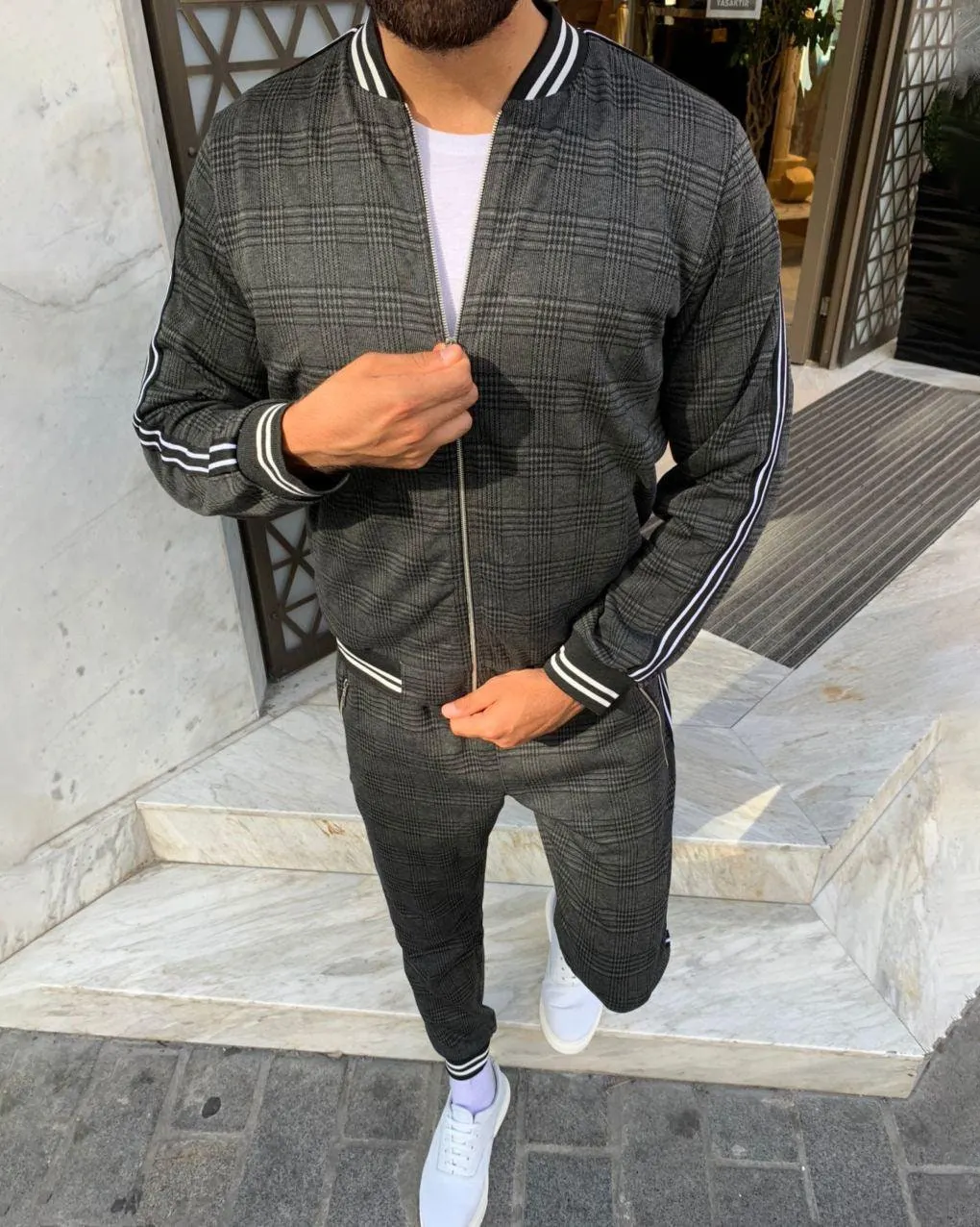 Men's Grey Classic Plaid Tracksuit Full Set -00034