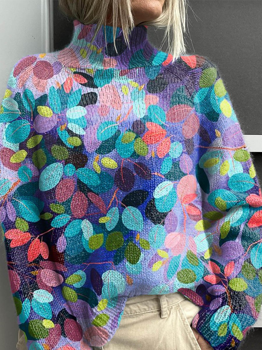Women's Lovely Floral Art Print Knit Turtleneck Pullover Sweater