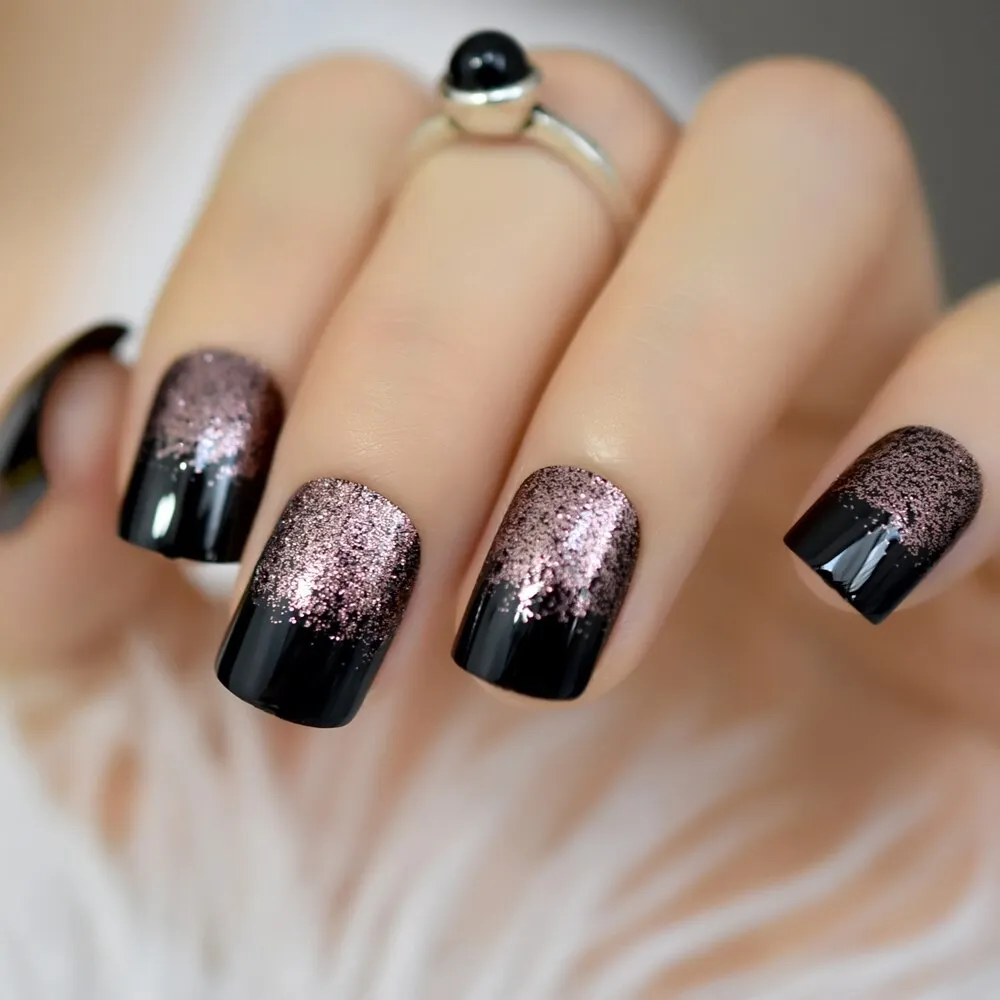 Dark Color Mirror Nails Medium Size Squoval Metallic False Nails Deep ...