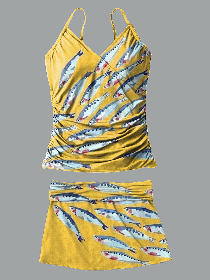 Fish V-Neck Suspender Skirt Tankini Pantskirt Set Swimsuit