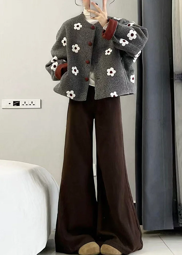 Organic Grey Print Button Woolen Coats And Wide Leg Pants Two Pieces ...