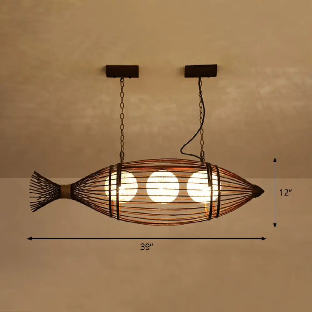 Bamboo Fish-Shaped Southeast Asian Chandelier with 3 Bulbs – Ceiling