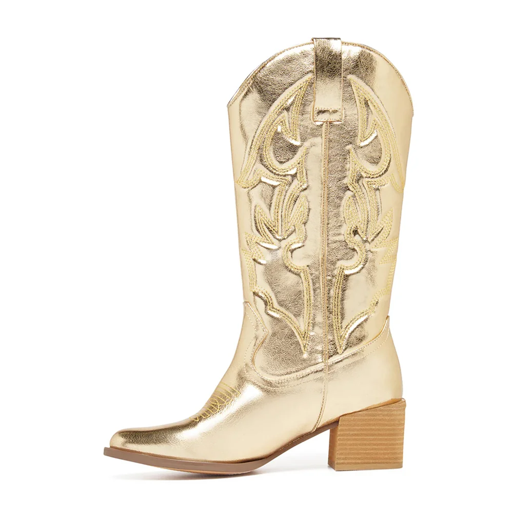 Metallic Gold Closed Toe Designed Mid Calf Cowgirl Boots With Chunky Heels