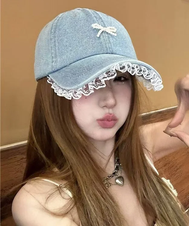Chic Blue Lace Bead Bow Patchwork Denim Baseball Cap Hat