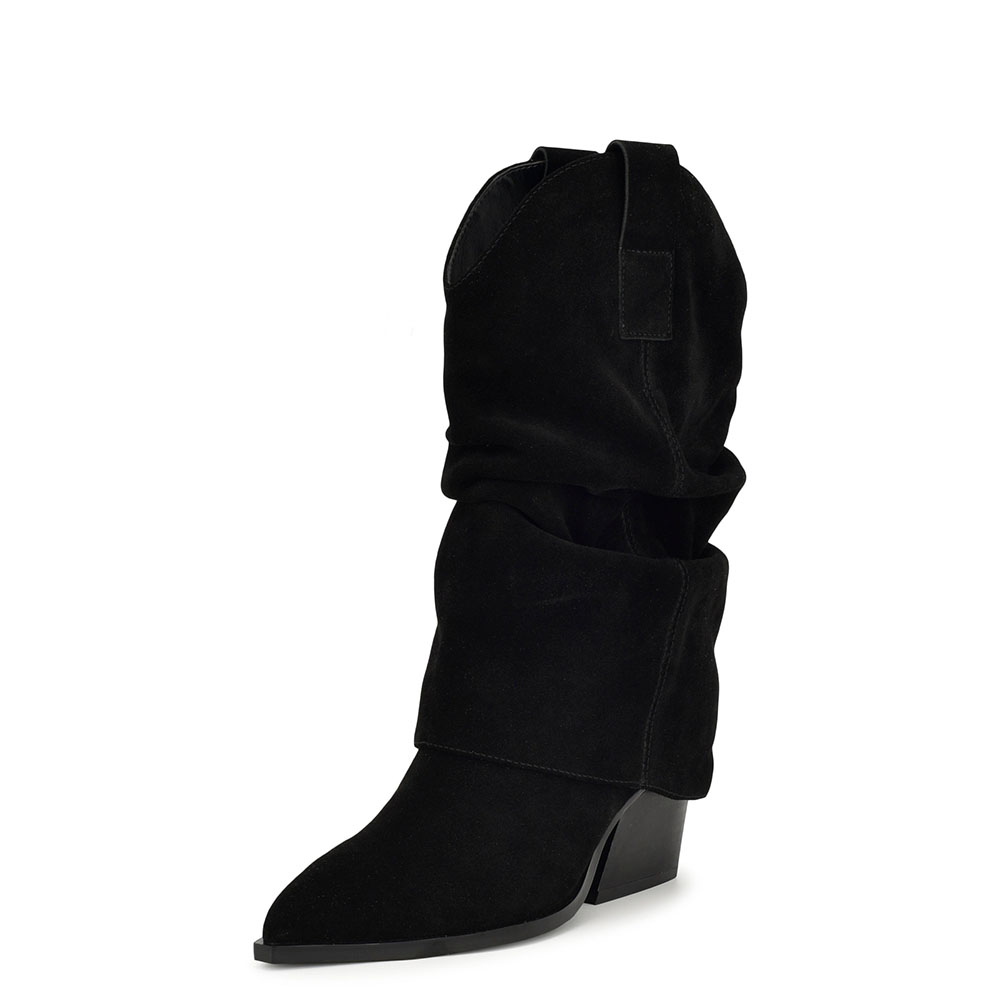 Black Faux Suede Fold Over Knee High Boots With Chunky Heels