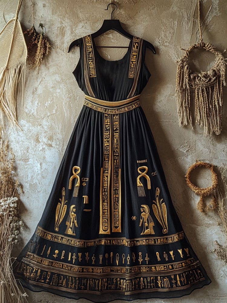 Lunivibe Women's Ankh Ancient Egyptian Folk Embroidered Linen Maxi Dress