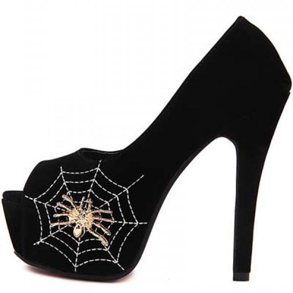 Black Suede Spider - Web Embellished Peep - Toe High Heels Vdcoo
