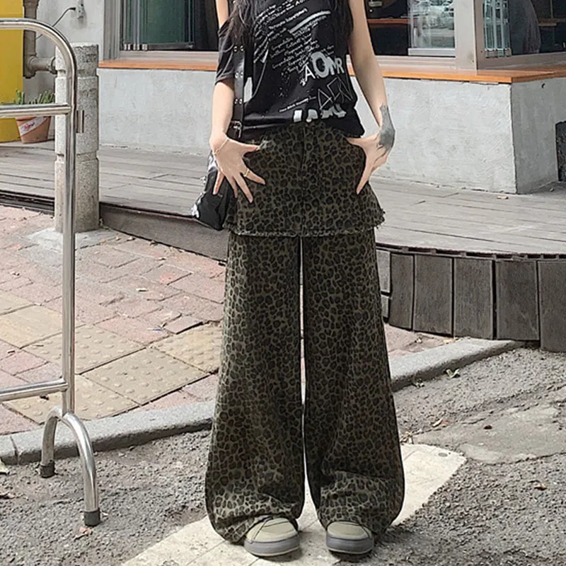 LEOPARD PRINT FAKW TWO PIECE WIDE LEG JEANS