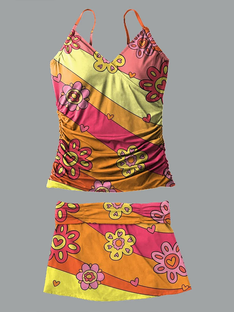 V-Neck Pink Yellow Ripples Love Flowers Vigate Hippie Peace Print ...