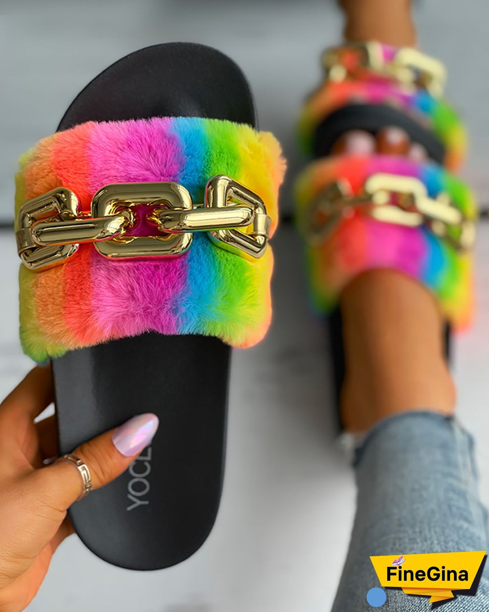 FineGina Colorful Fluffy Chain Strap Slide Slippers