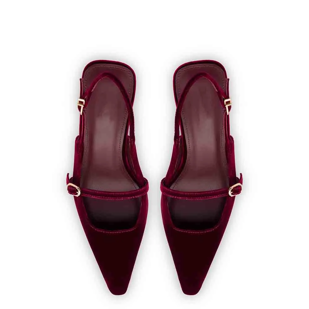Burgundy Velvet Pointed Toe Mules Kitten Heel Slingback Pumps with Buckle