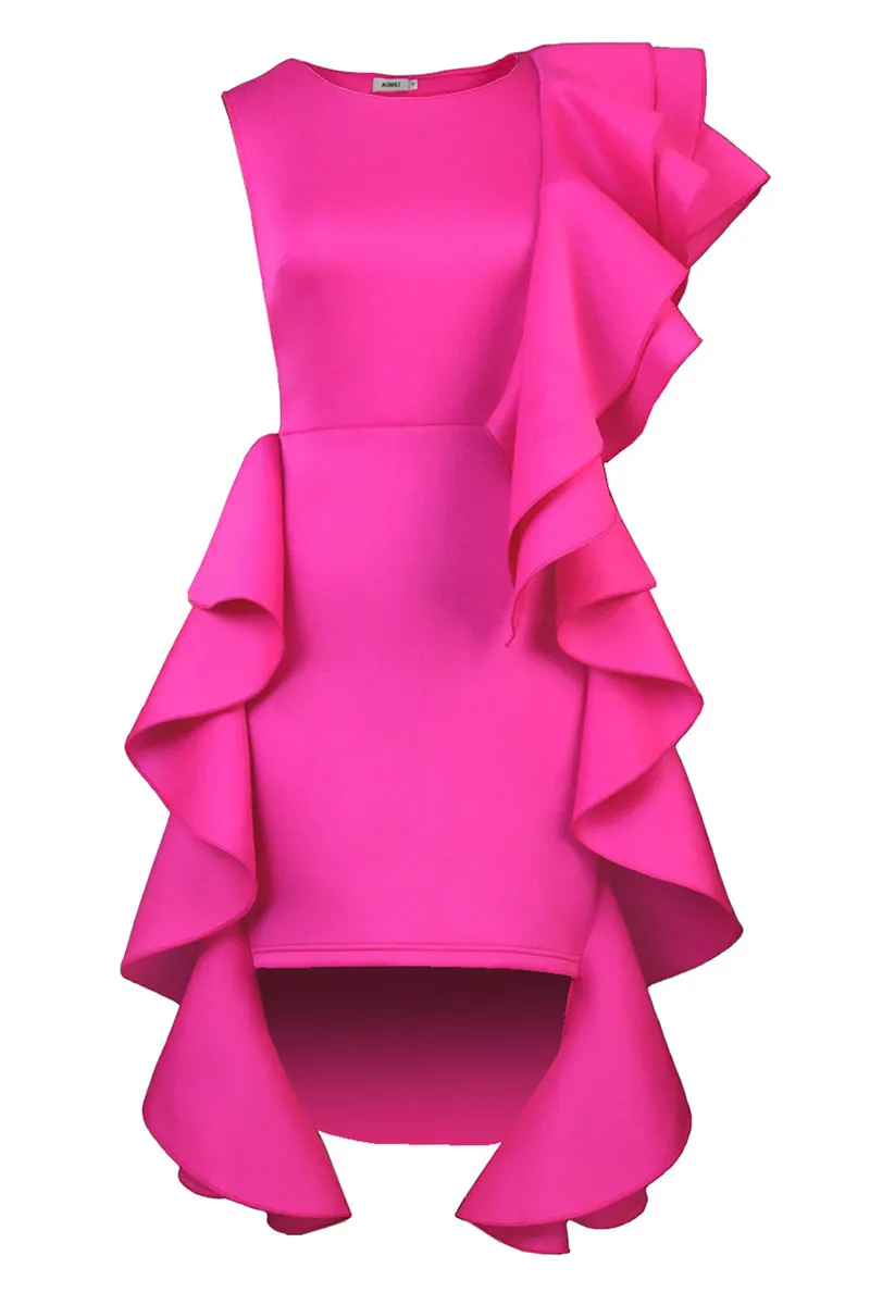 Asymmetric Ruffled Round Neck Sleeveless Gowns Mini Dresses