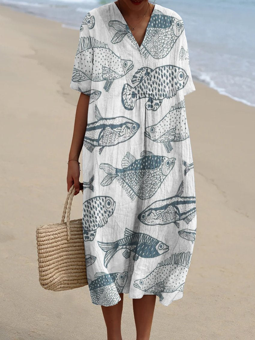 Line Drawing Fish Decorative Pattern Flowy Dress