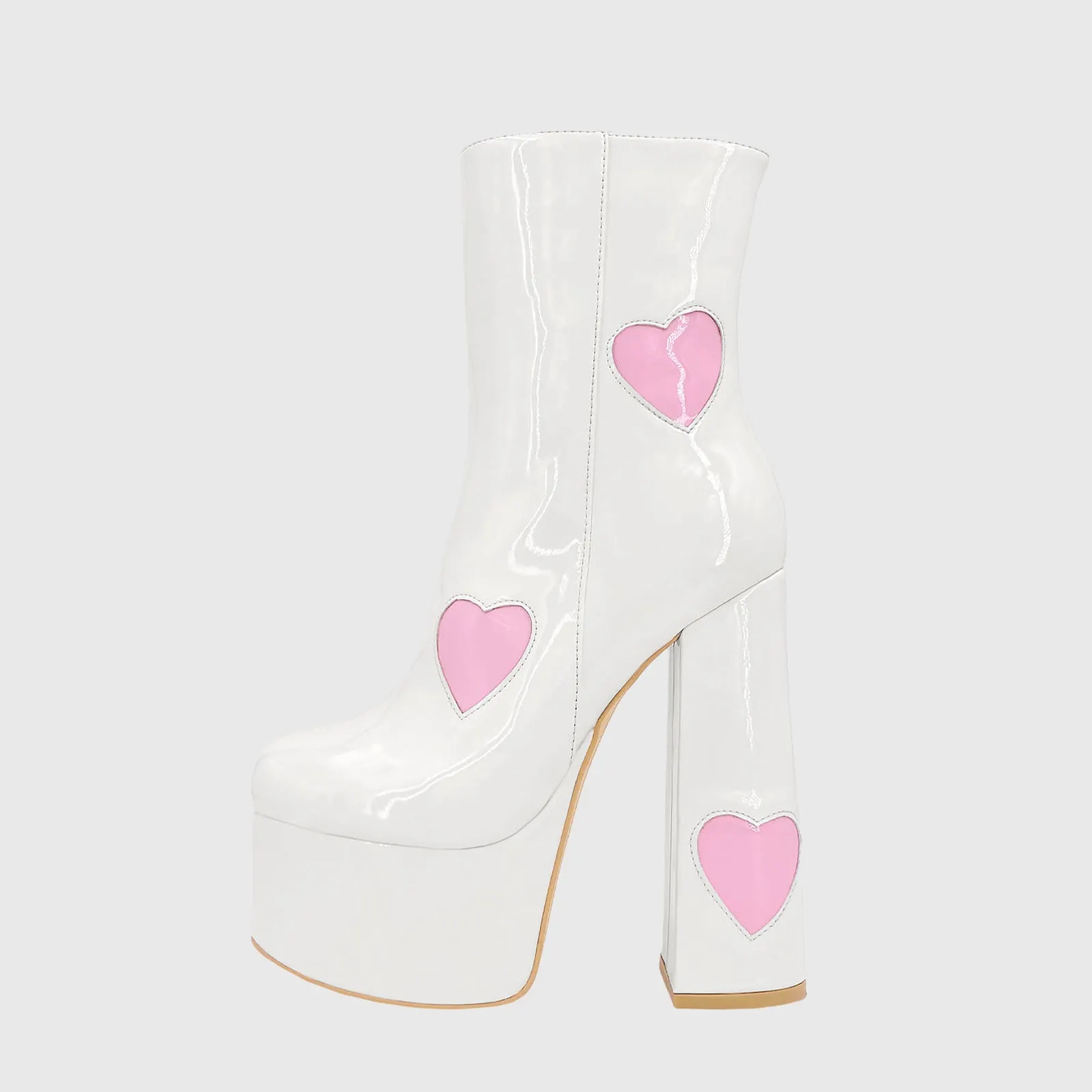 Vanessa Pink Heart Platform Heel Ankle Boots In White