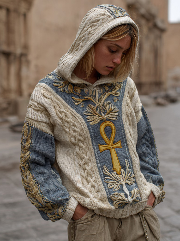 Women's Ancient Egyptian Ankh And Lotus Knitted Hooded Sweater