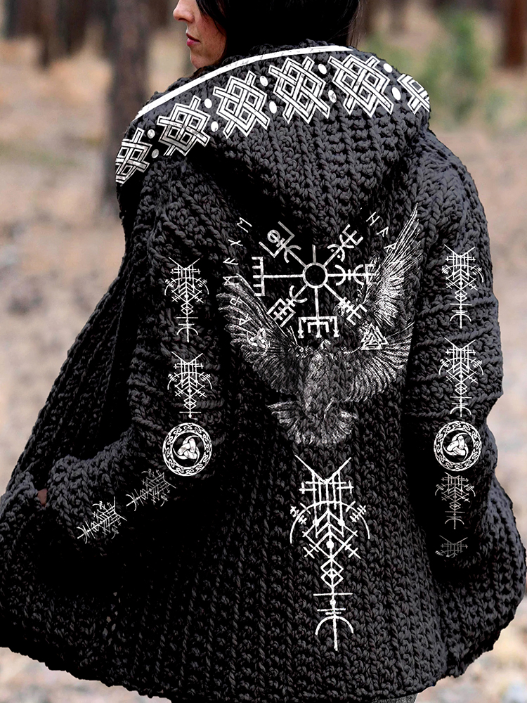 Retro Tribal Bird Viking Ethnic Graphics Hooded Cardigan Sweater