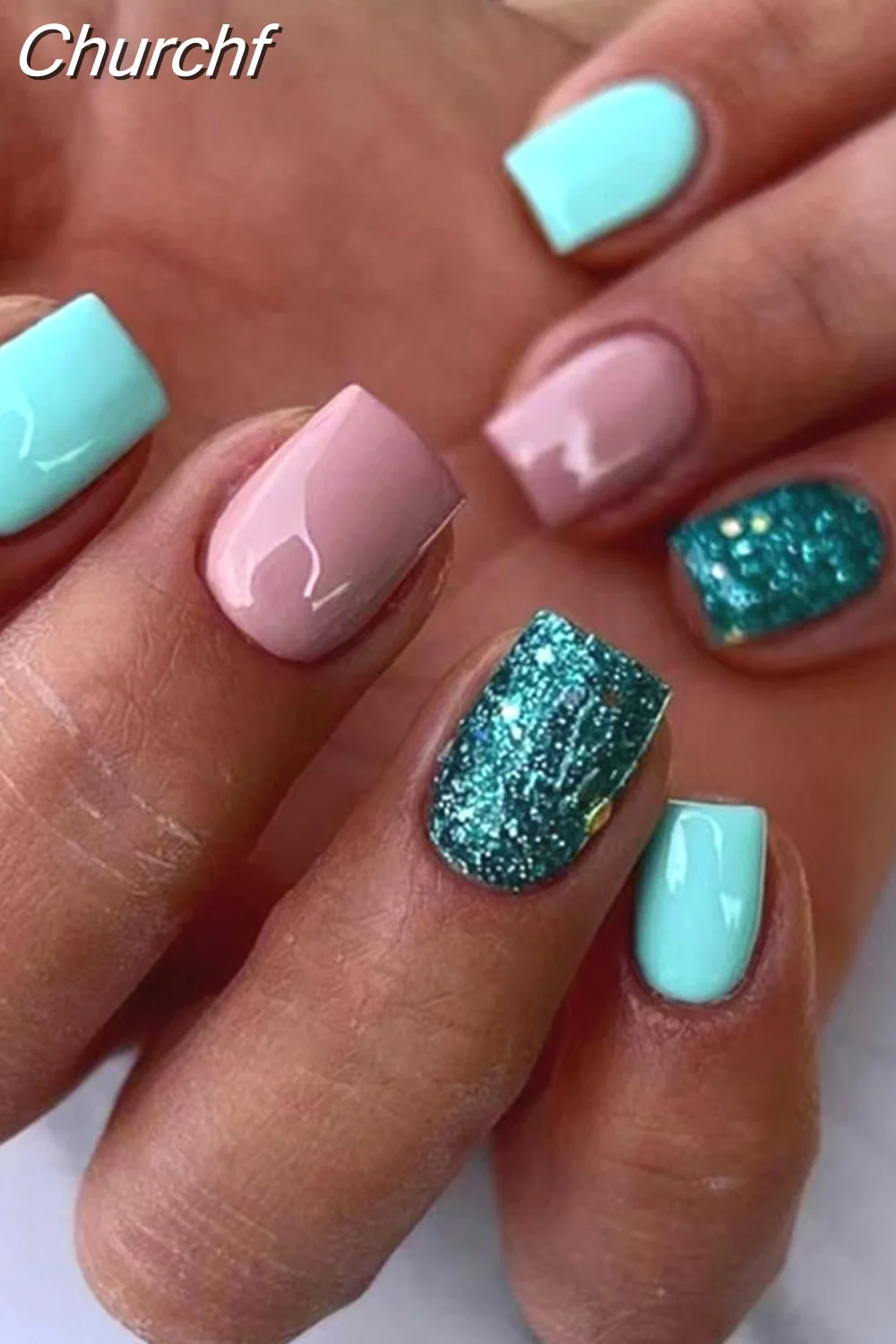 Churchf Short Square/ Round False Nails Green Red Wave French Fake ...