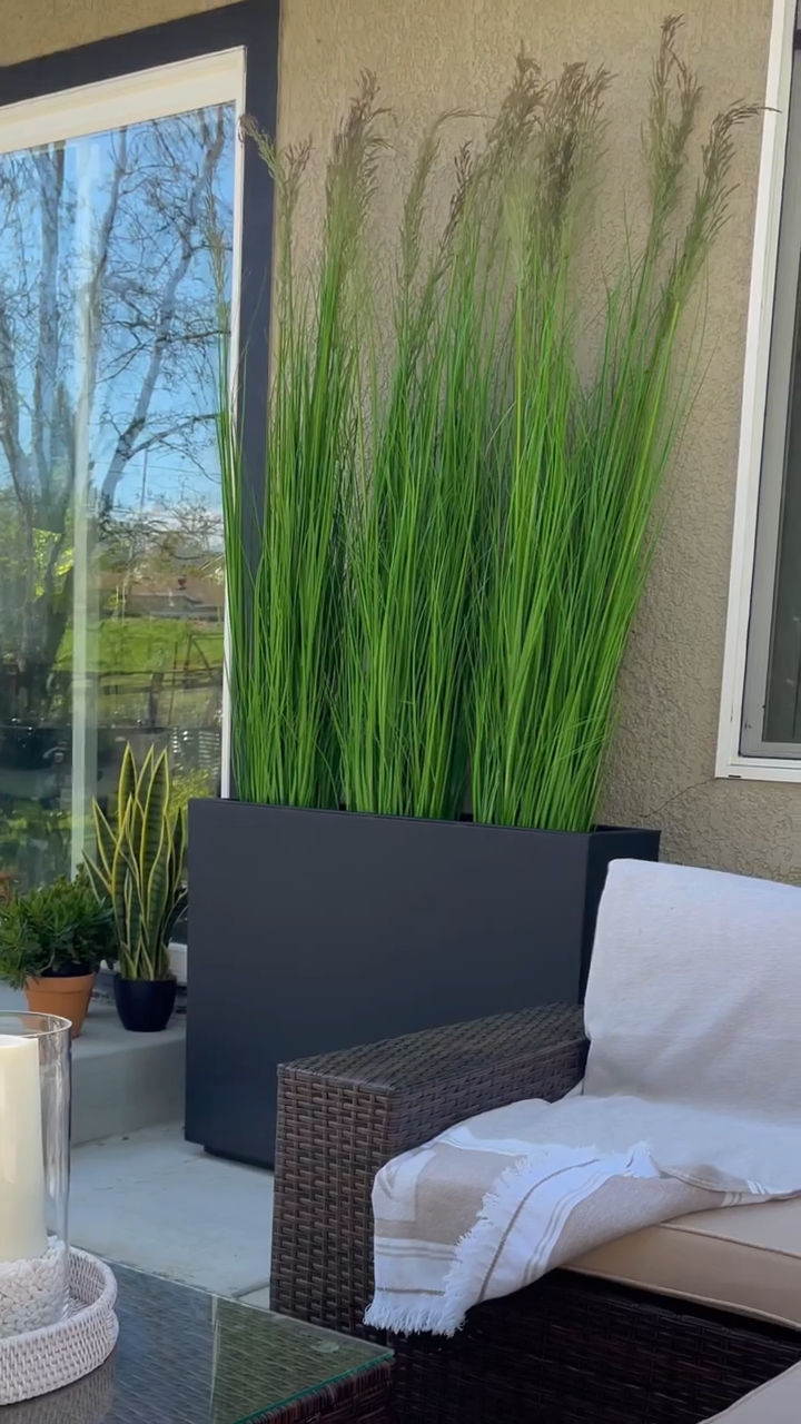 Beautiful privacy screen with miscanthus plant & planters lit up at ...