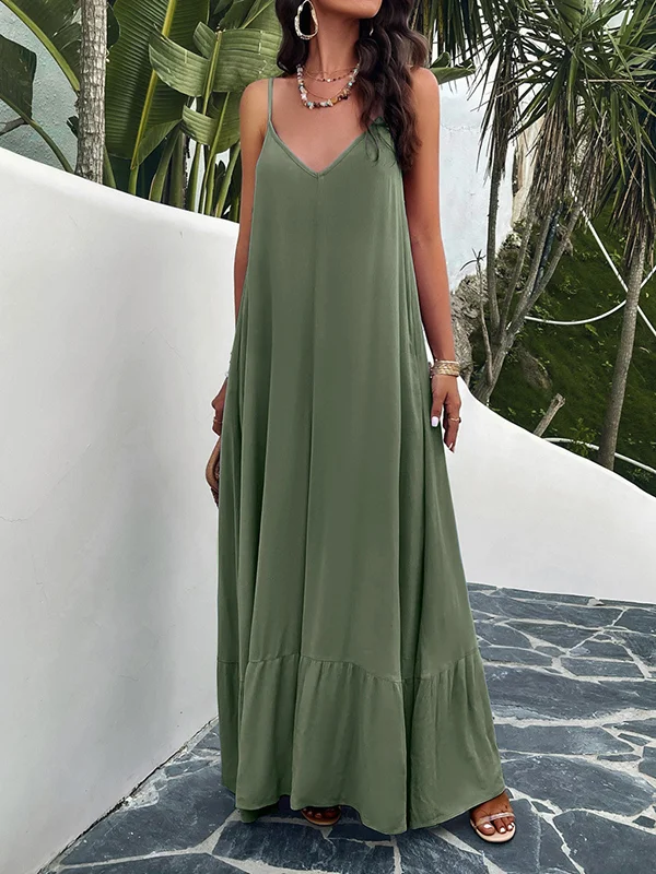 Flowy Sleeveless Maxi Dress with Pleated Design and Split-Joint ...
