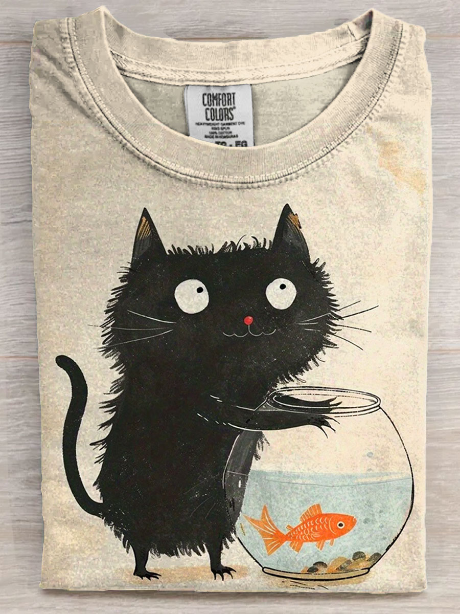 Black Cat With Goden Fish Art Print Casaul Short Sleeve T-shirt