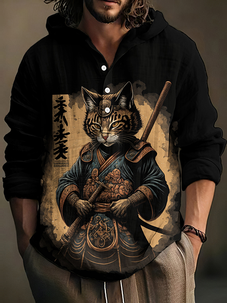 Funbibi Men'S Japanese Warrior Cat Art Print Hooded Shirt