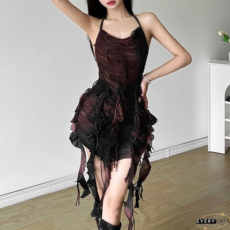 Insgoth Retro Sexy V Neck Black Dress Goth Aesthetic High Waist Party ...