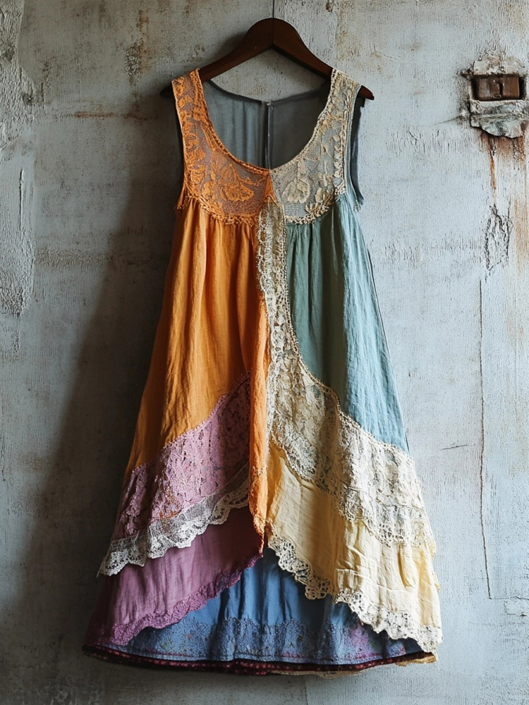 Retro Lace Patchwork Cozy Linen Tank Dress 37.99