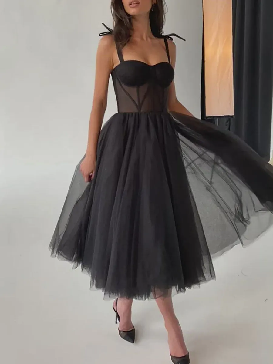 Combination tie shoulder sparkly tulle dress