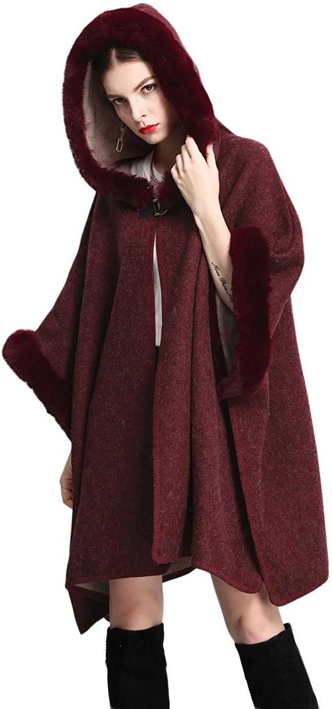 Women's Batwing Faux Fur Hooded Cloak Poncho Cape