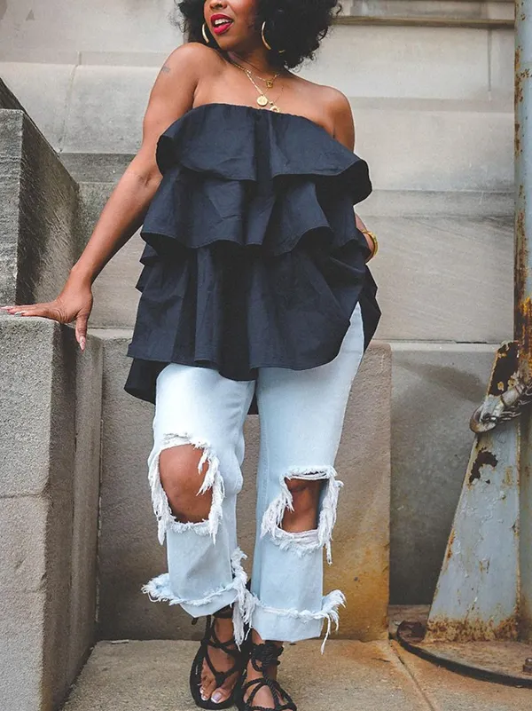 Elegant A-Line Tube Vest Top with Layered Ruffles and Elastic Fit