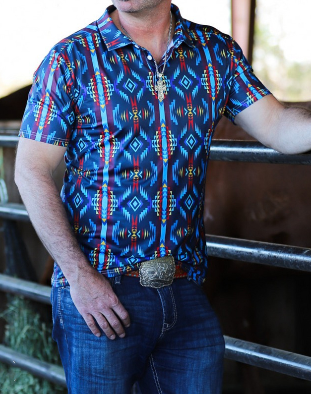 Men's Vintage Western Print Polo Shirt