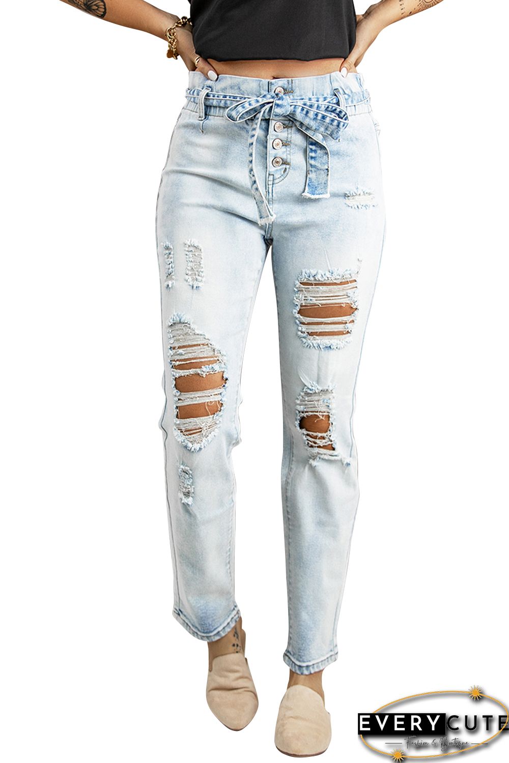 Wholesale Acid Washed Faded Buttons Ripped Jeans Online