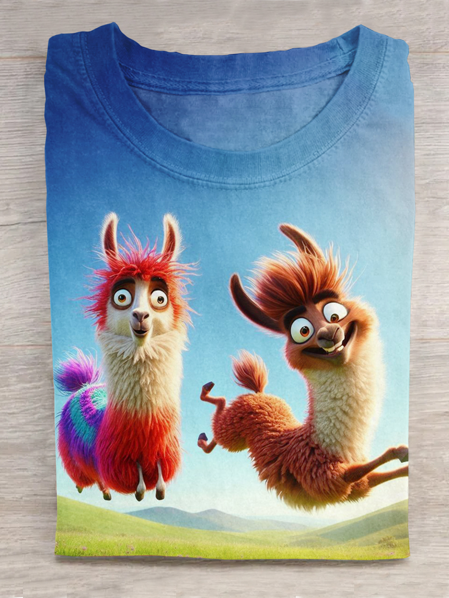 Jumping Alpaca Art Print Crew Neck T-Shirt