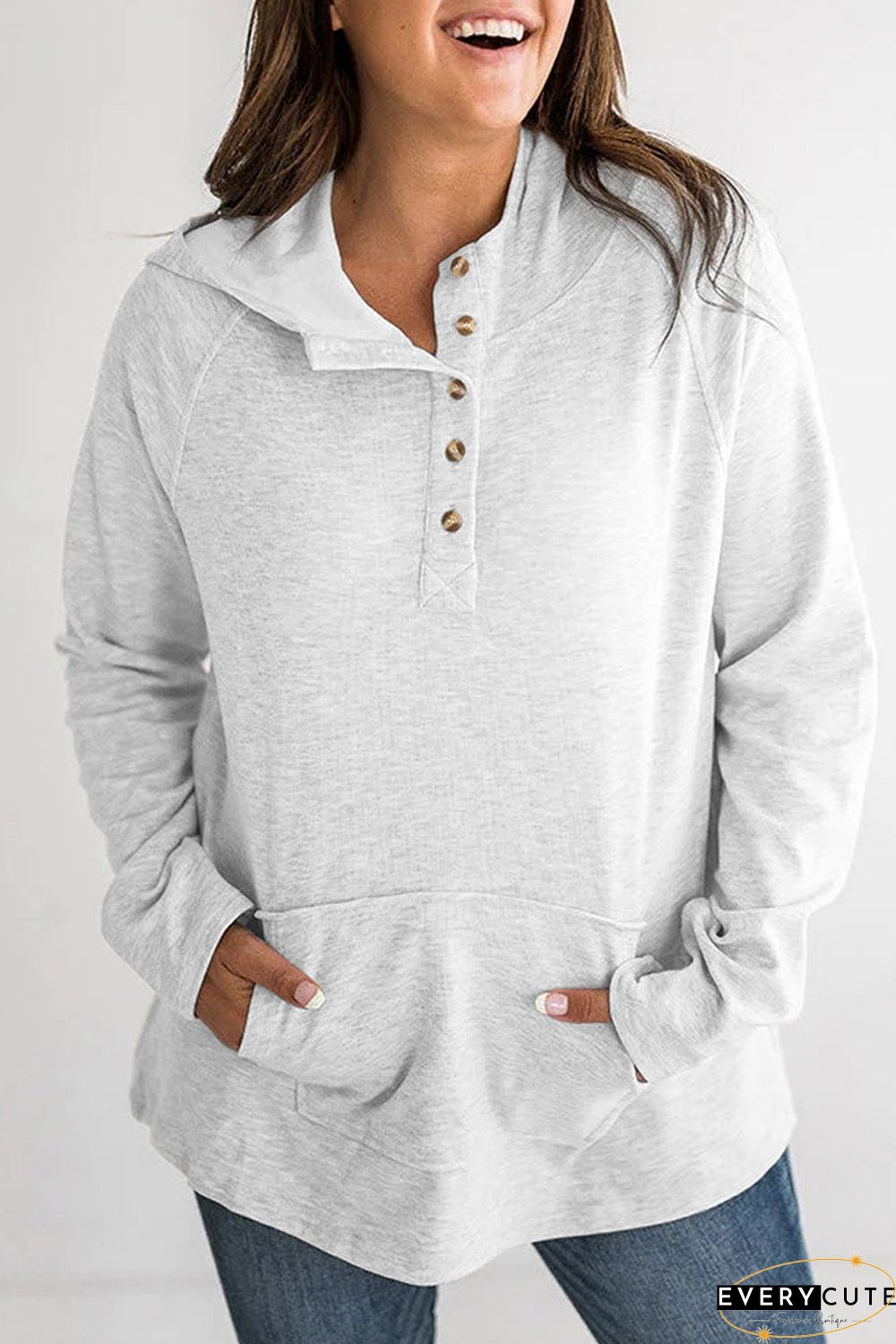 Gray Plus Size Kangaroo Pocket Henley Button Hoodie