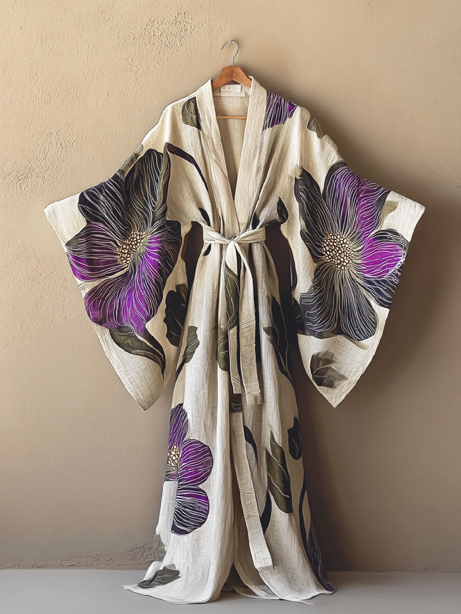 Women's Purple Floral Kimono Linen Robe (Including Belt)