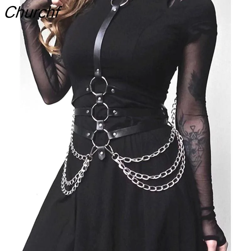 Churchf Sexy Women Leather Belt Gothic Harajuku Leather Chain Halter ...