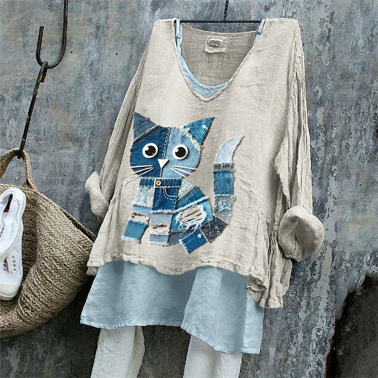 Lovely Cat Denim Textile Art Linen Tunic