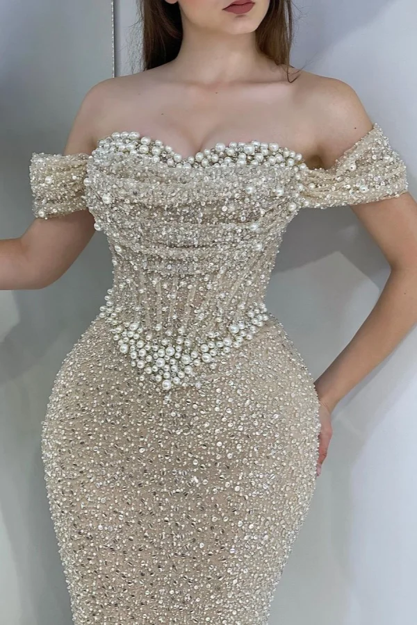 Luxurious Pearls Mermaid Off-the-shoulder Beaded Prom Dress CL0003