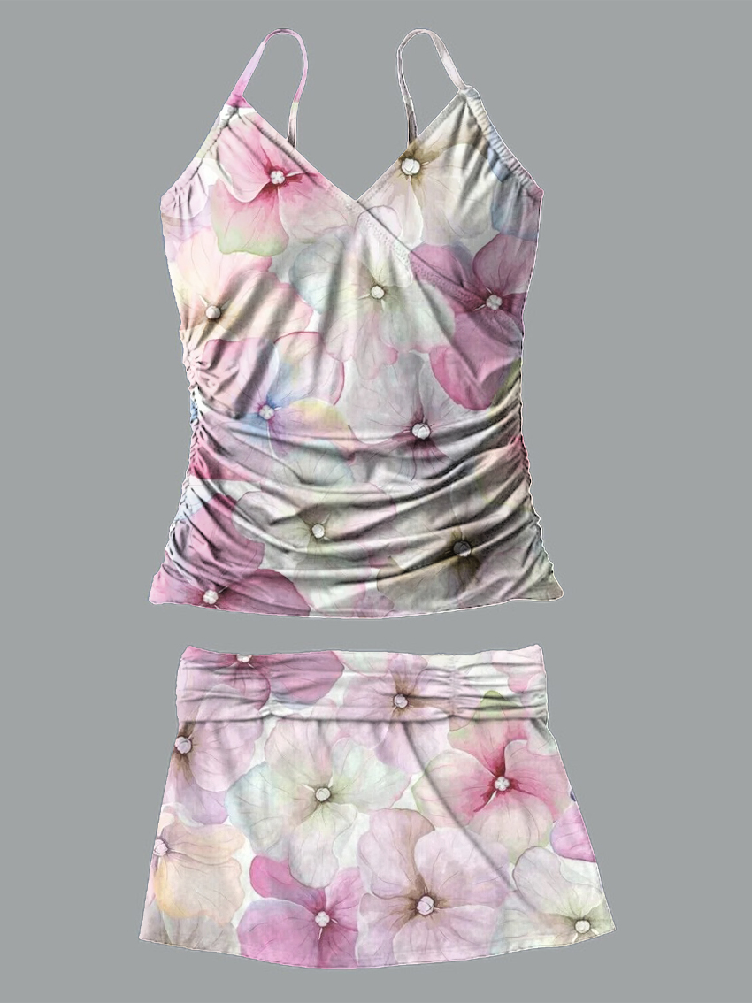 Pink Flower V-Neck Vintage Flowers Print Suspender Skirt Tankini ...