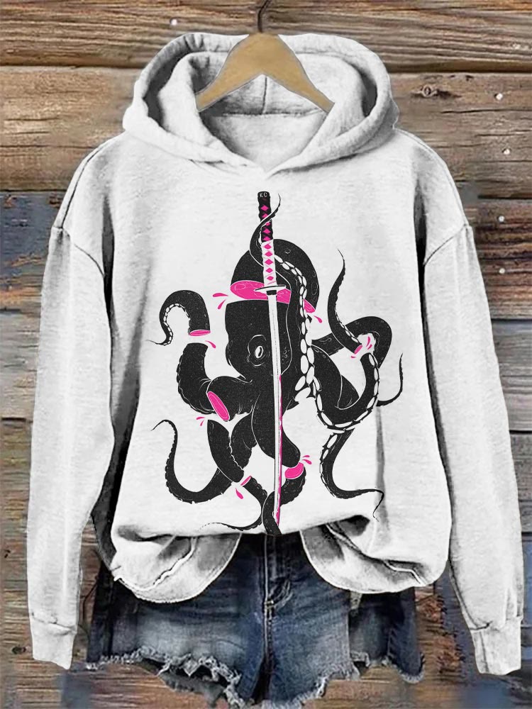 Japanese Style Katana Octopus Print Hoodie